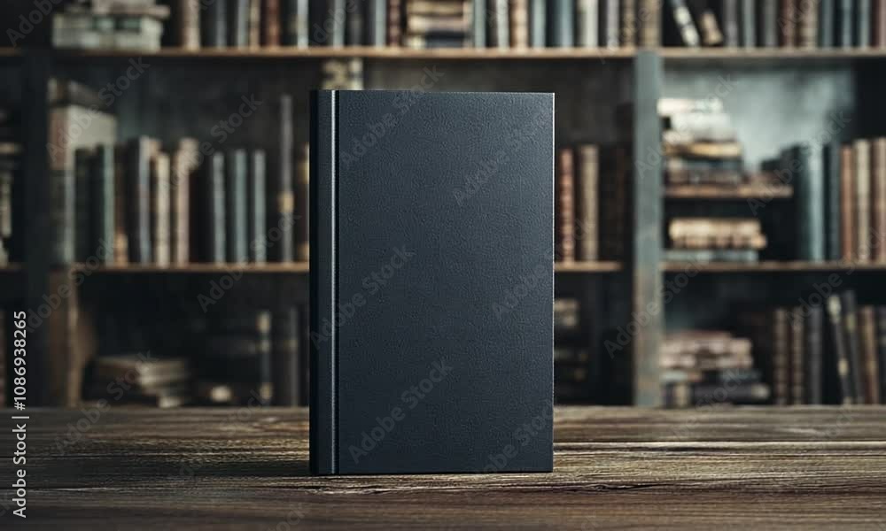 Blank Dark Book Cover on Rustic Wooden Table in a Library Setting Stock ...