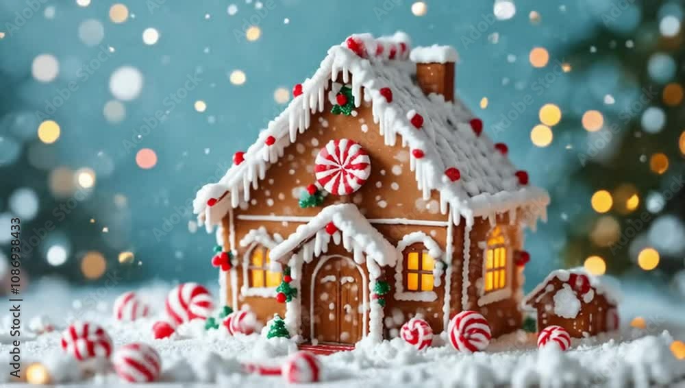 Motion animation of decorated gingerbread house with falling snow and ...