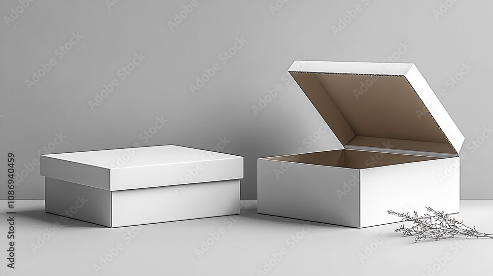 Blank white flat square gift box with open and closed hinged flap lid ...