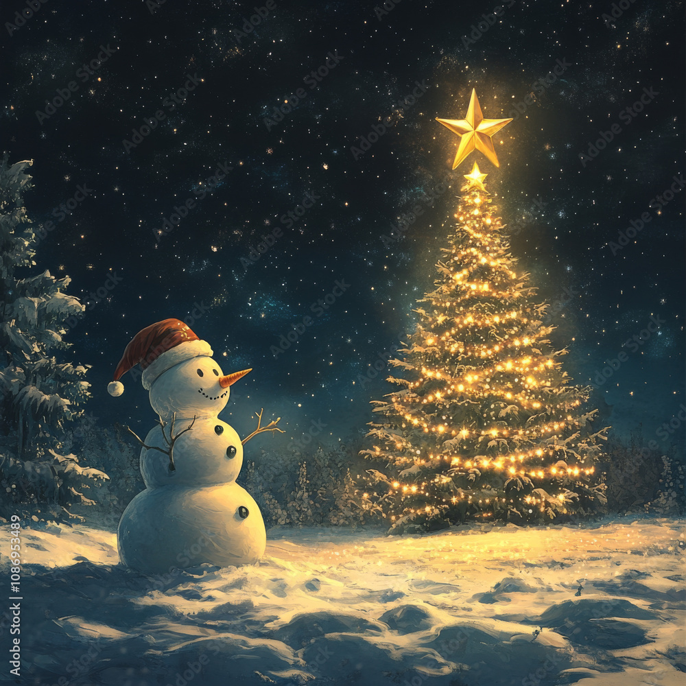 a snowman in a field of snow looking at a giant lit up Christmas tree ...