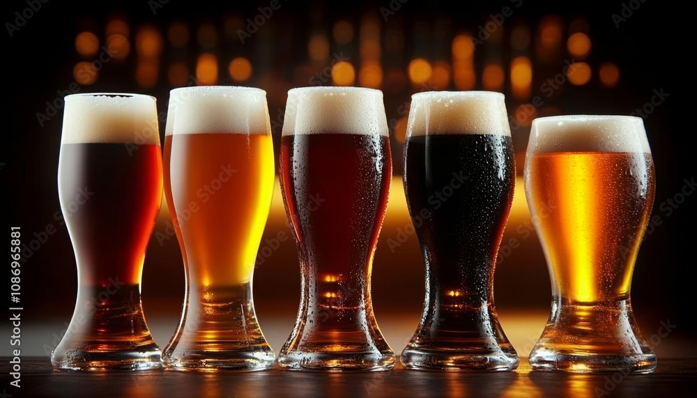 Five Different Craft Beers in Glasses in Row on Bar Counter Abstract ...