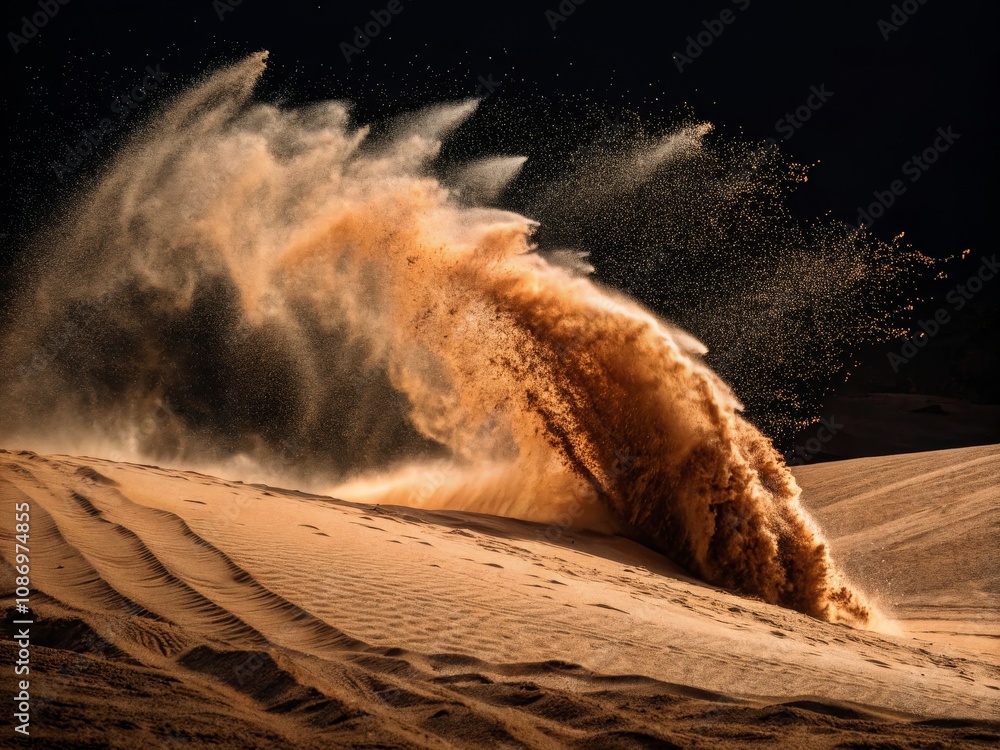 Dry River Sand Explosion in Low Light - Brown Sand Splashing Against ...