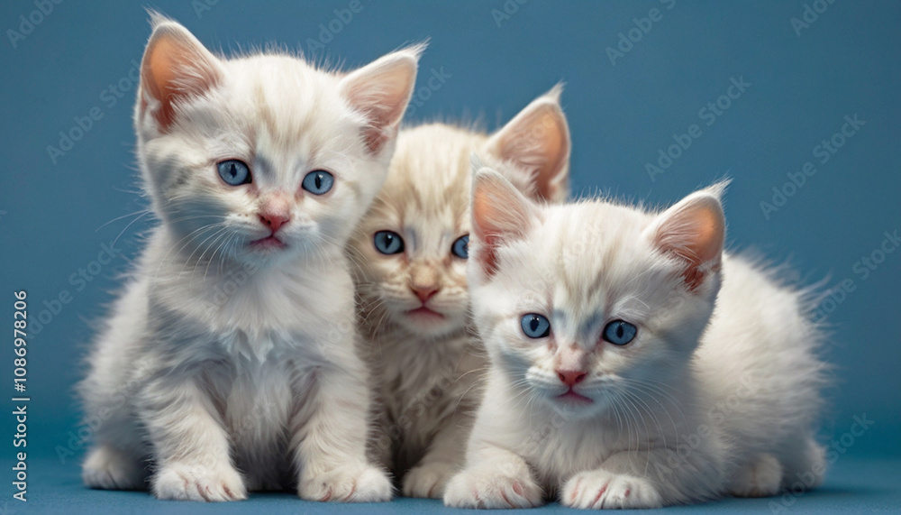 Cute white fluffy kittens on a blue background. Favorite pets. Stock ...