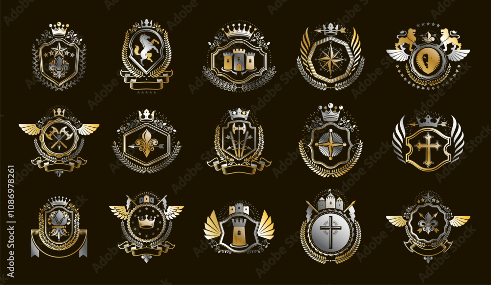 Vetor de Heraldic Coat of Arms vector big set, vintage antique heraldic ...