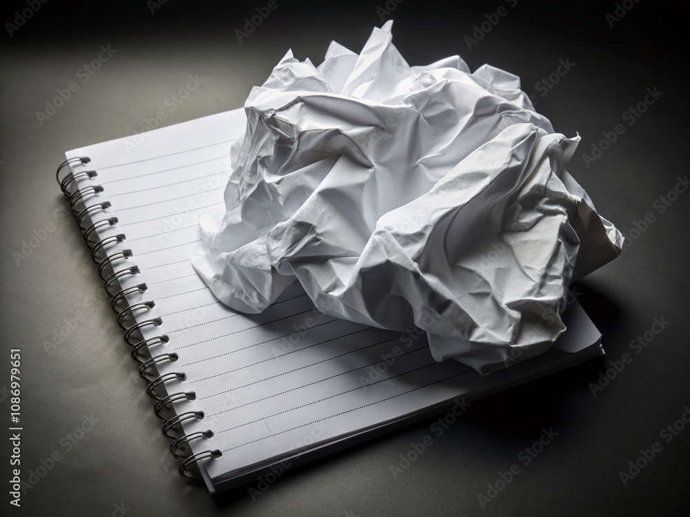 Crumpled Paper and Wrinkled Notebook Page on Black Background for ...