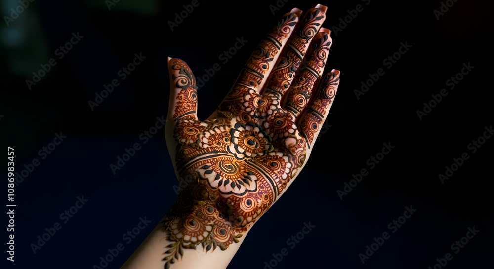 Beautiful bride's hand adorned with intricate henna Mehndi designs in ...
