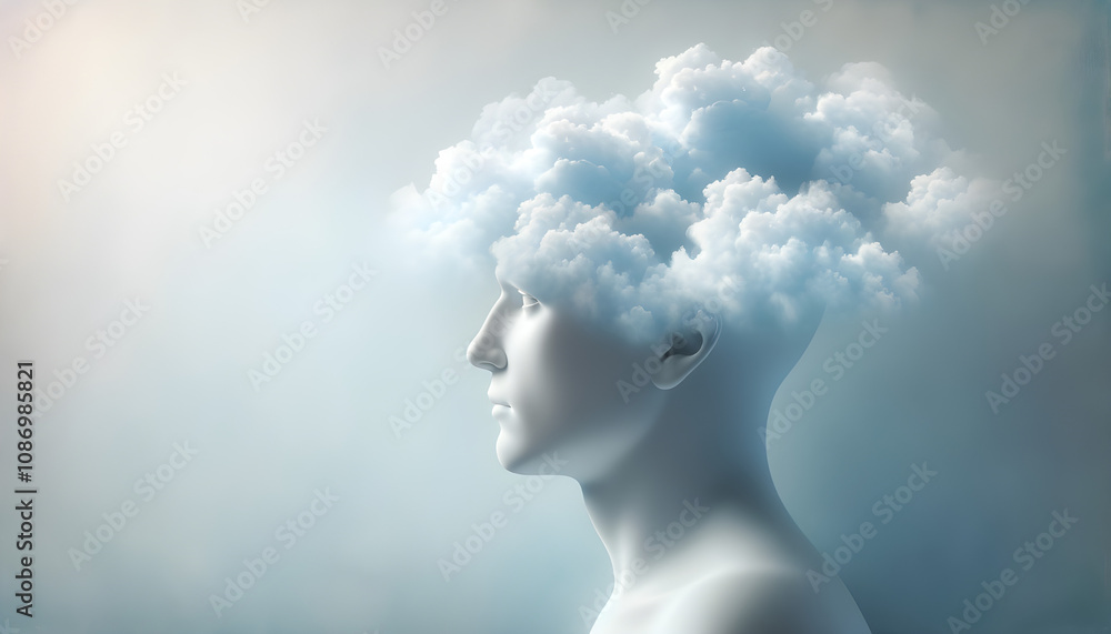 Profile of a person with clouds representing thoughts on their head ...