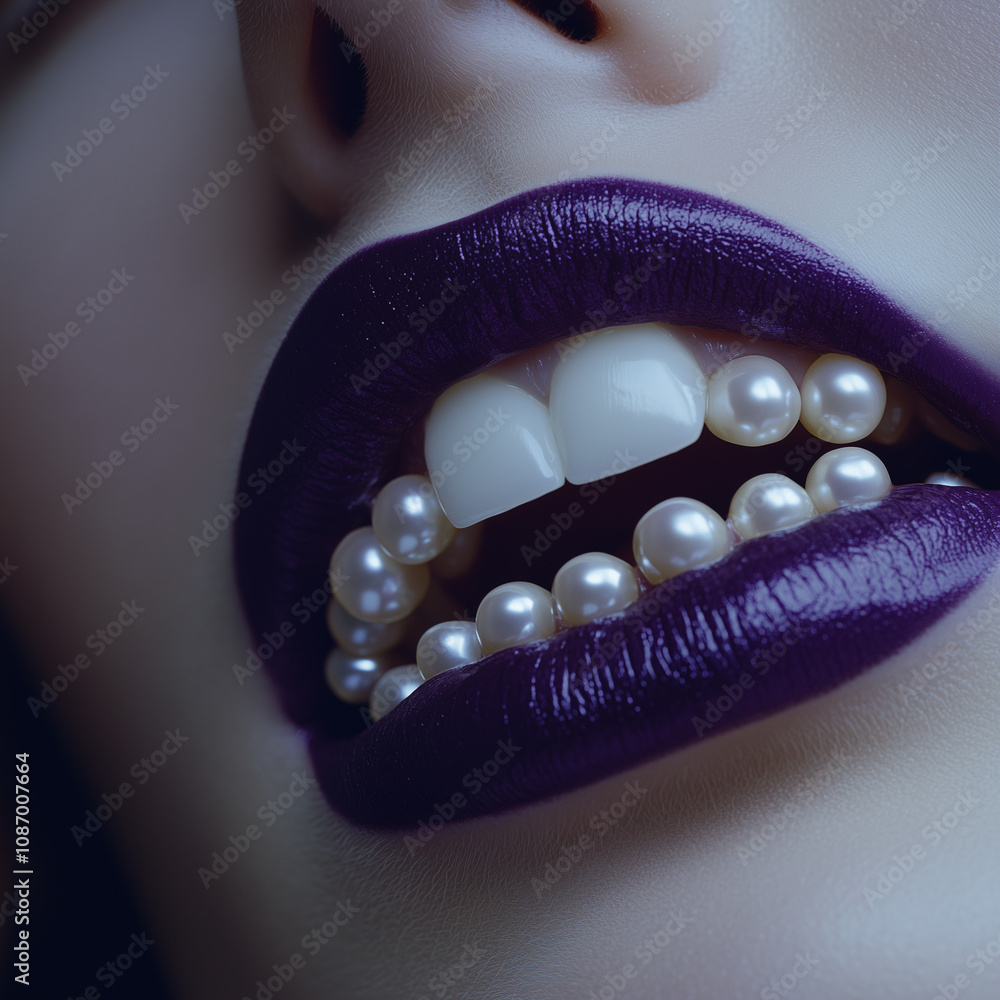 Surreal Glamorous makeup featuring pearl-embellished lips, matte dark ...
