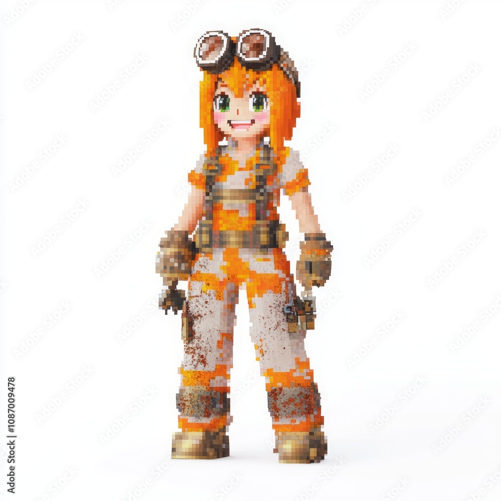 Retro 8-bit NPC Female Mechanic Character Model with Orange Hair and ...