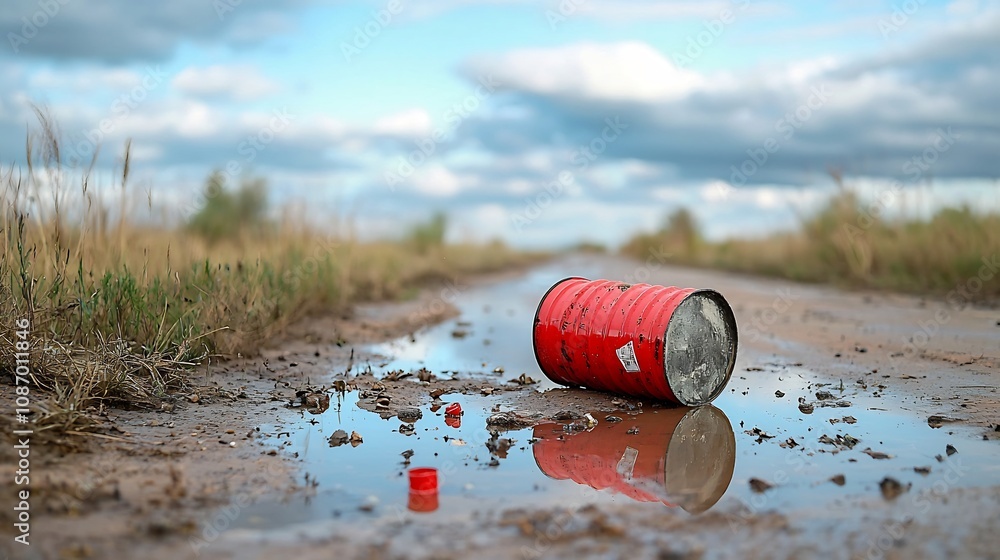 Overturned industrial chemical drum leaking toxic substance onto ground ...