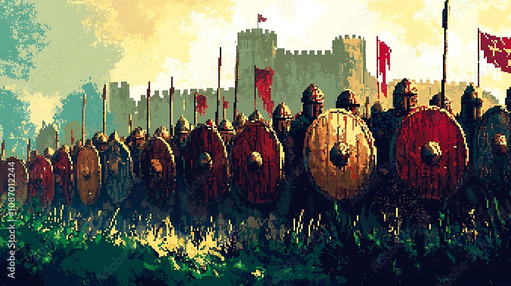 Pixel Art Medieval Army Marching Towards a Castle at Dawn. A digital ...
