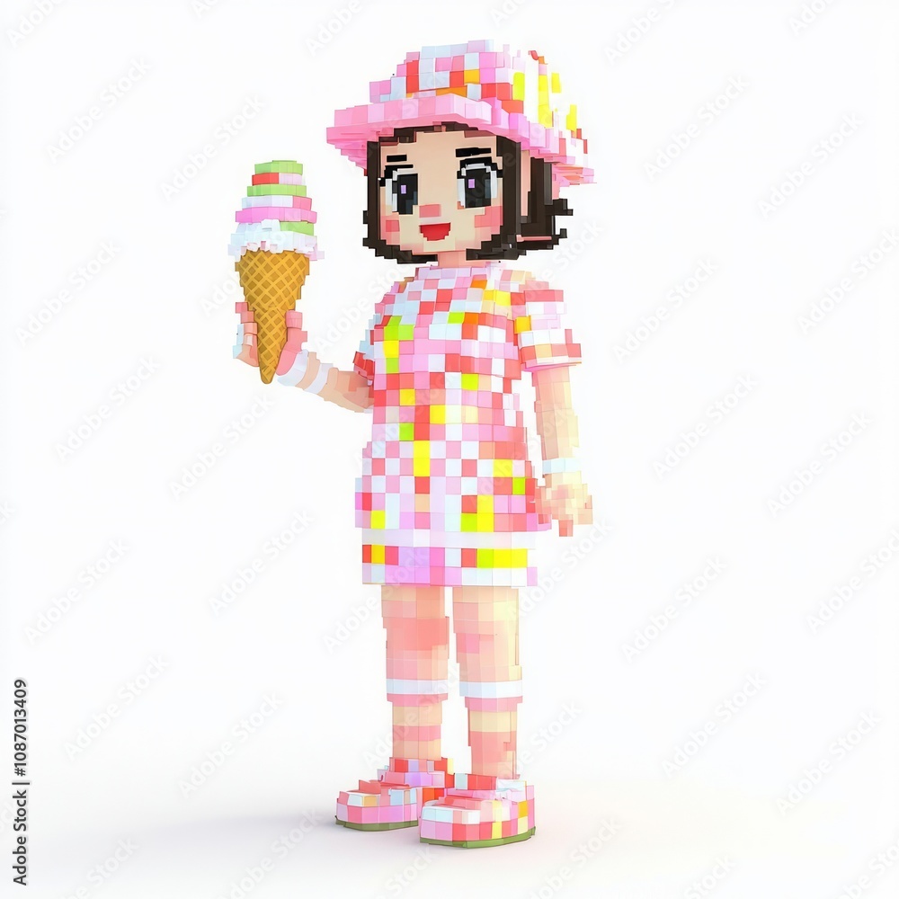 Retro 8-Bit NPC Female Ice Cream Vendor Character Model Smiling with ...