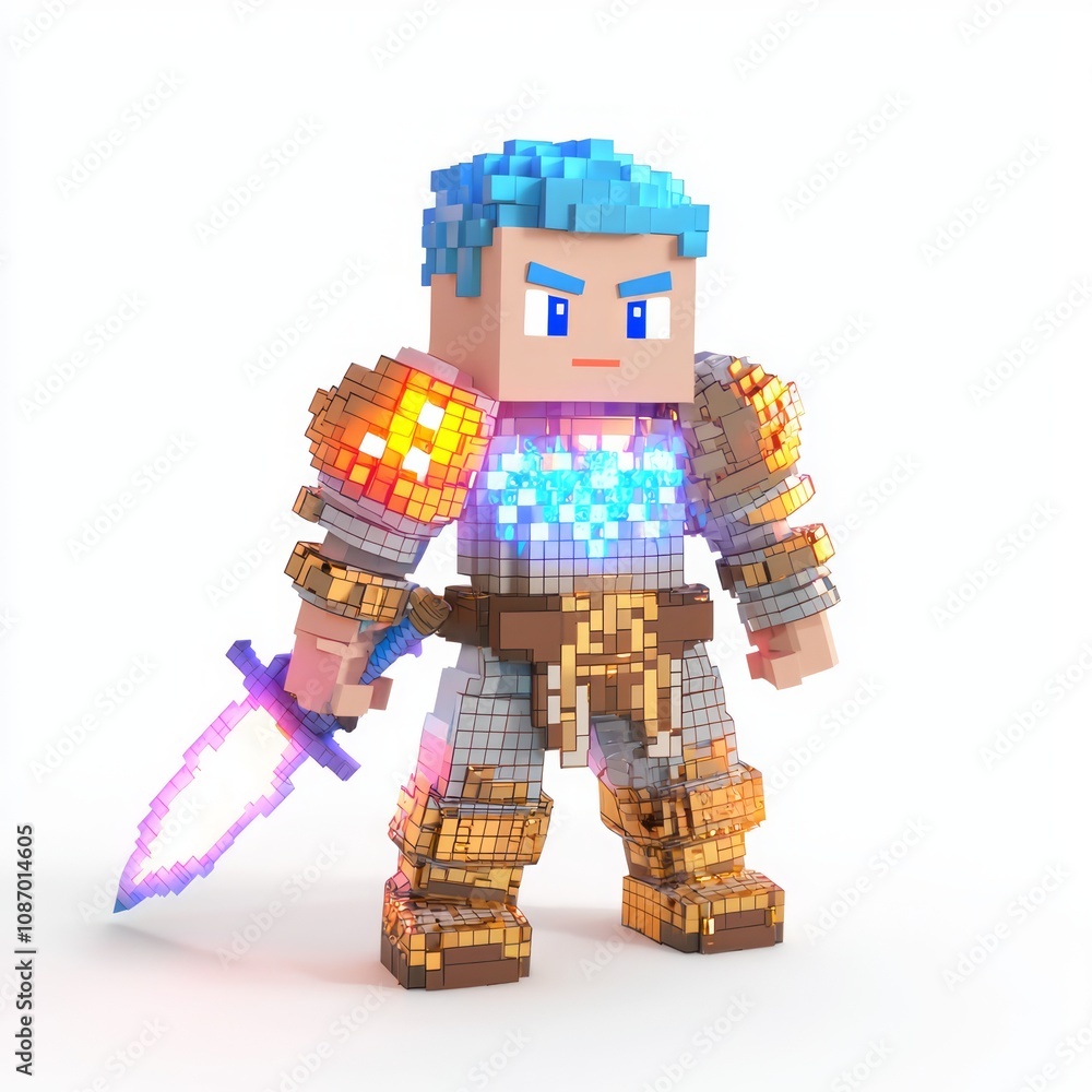 Bold 8-Bit Warrior NPC Male Character in Pixelated Armor with Glowing ...