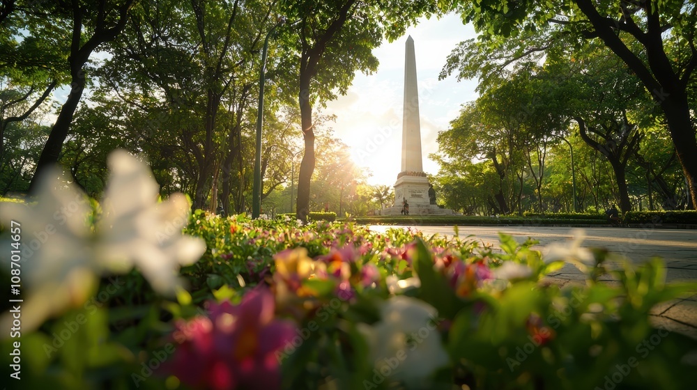 An artistic shot of the Jose Rizal Monument framed by lush trees and ...