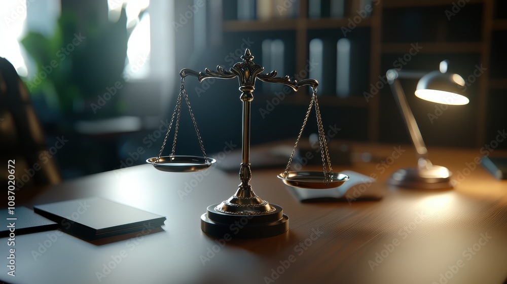 Side view of a legal scale on a lawyers desk with a focused spotlight ...