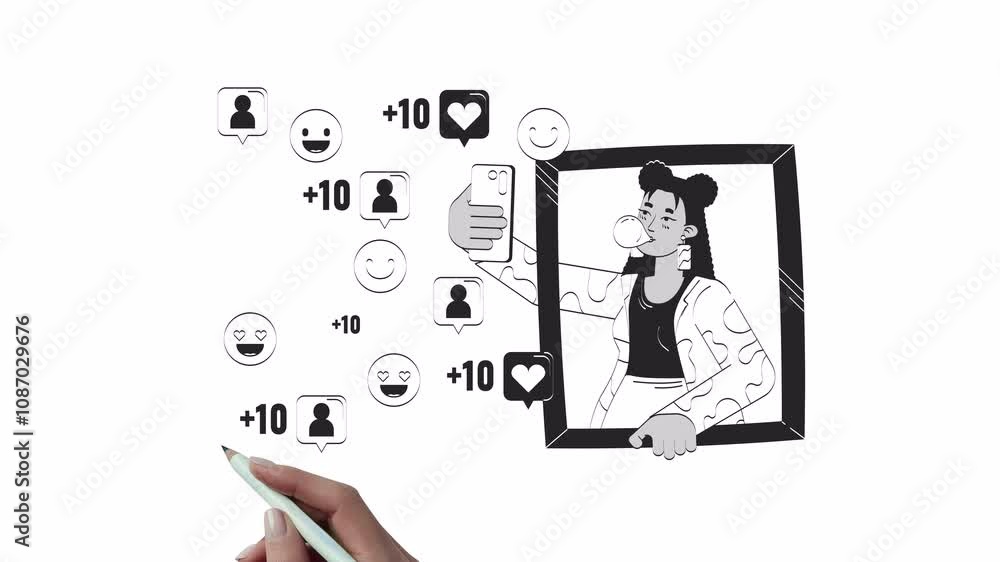 Latina girl taking selfie for social media hand drawn whiteboard sketch ...