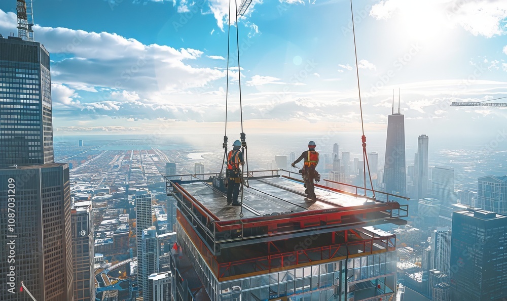 Crane operators lifting heavy equipment onto the roof of a high-rise ...