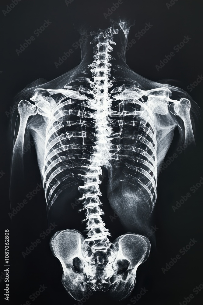 Detailed X-ray Image of Human Skeleton Showcasing Spine, Ribs, and ...