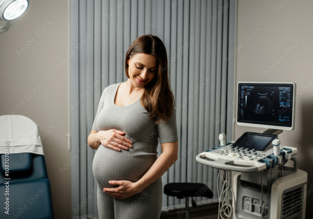 Pregnant woman smiling in an ultrasound room while gently touching her ...