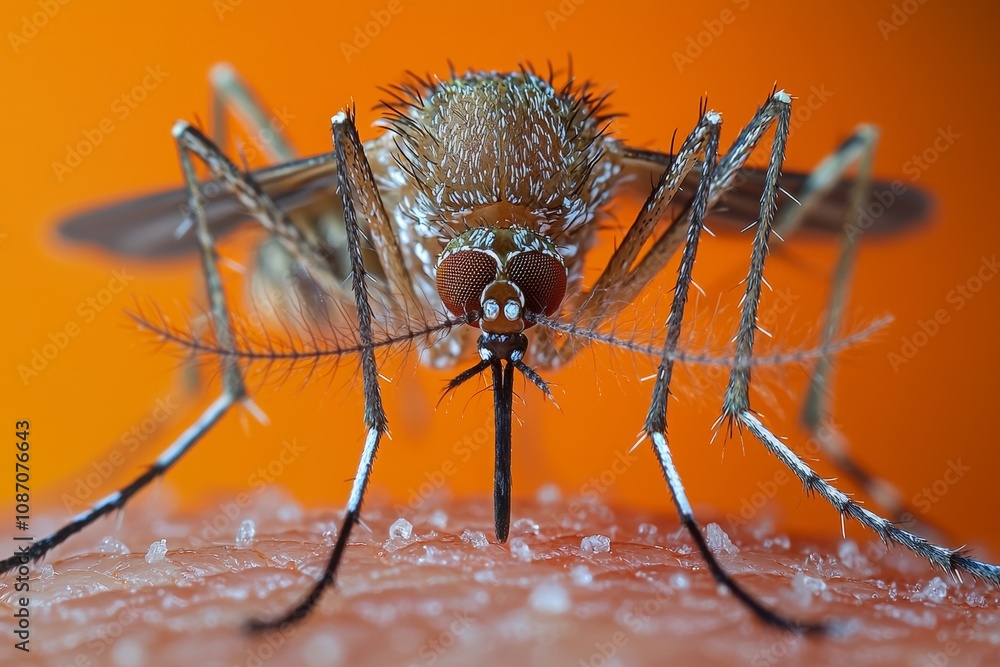 Aedes aegypti mosquito silhouette on skin, intricate details ...