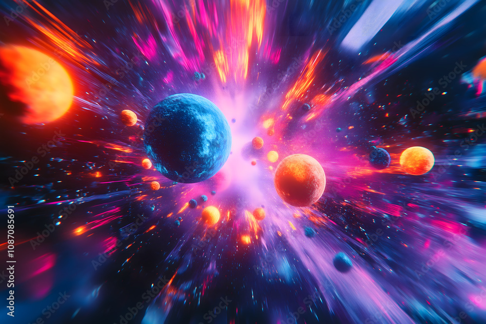 An explosion of colors fills the background as different planets float ...