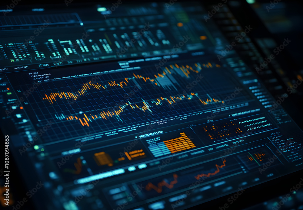 Digital display showing the data trend lines and trends in stock market ...