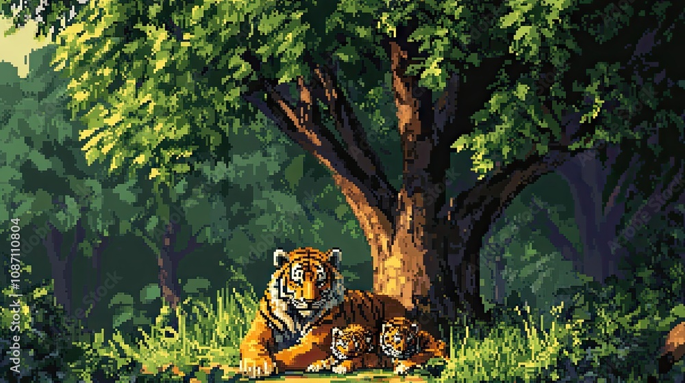 8-bit jungle scene with a mother tiger and her cubs resting under a ...