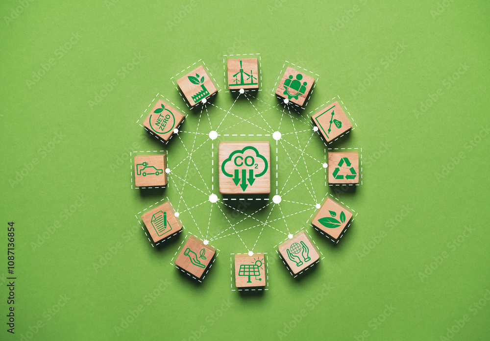 Carbon reduction icon print screen on wooden block and enclose by ...