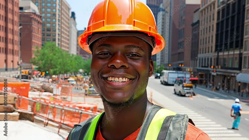 Smiling young African American construction worker in hard hat and ...