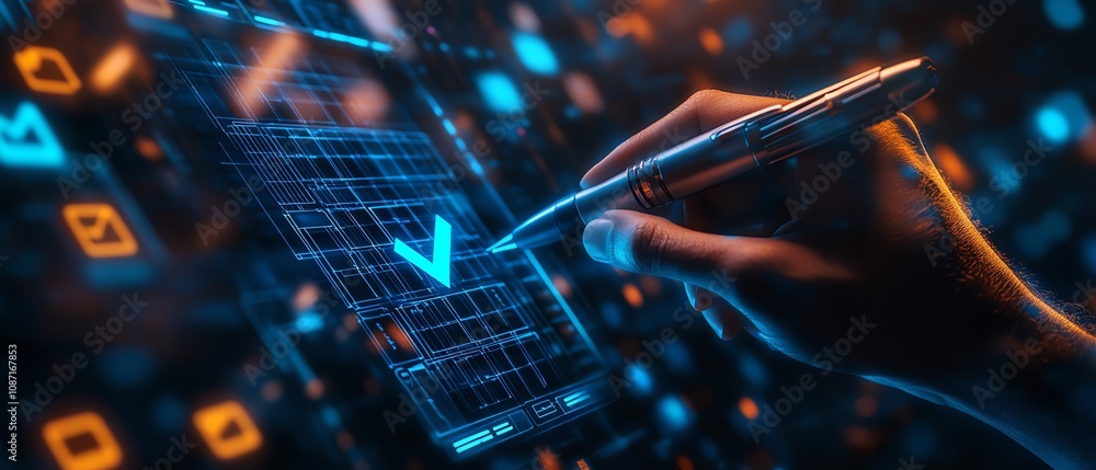 Man interacting with a pen, touching a check mark on a document ...