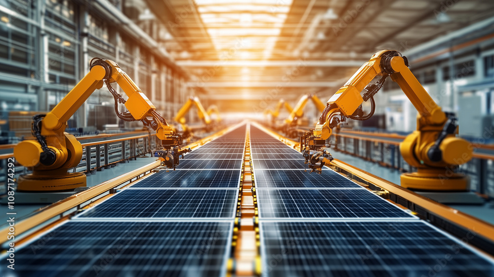 General plan of solar panel production line with robotic arms in a ...