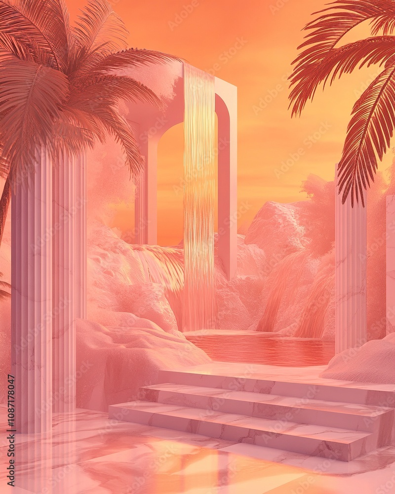 marble palm mall, shops background , curtain. stairs under the ...