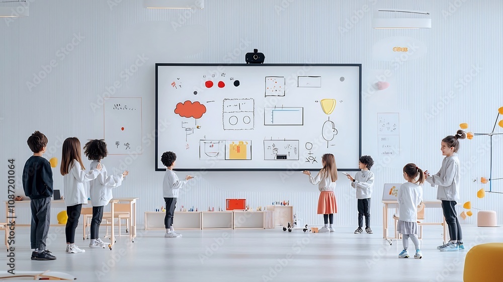 Diverse group of students working together on a digital project in a ...