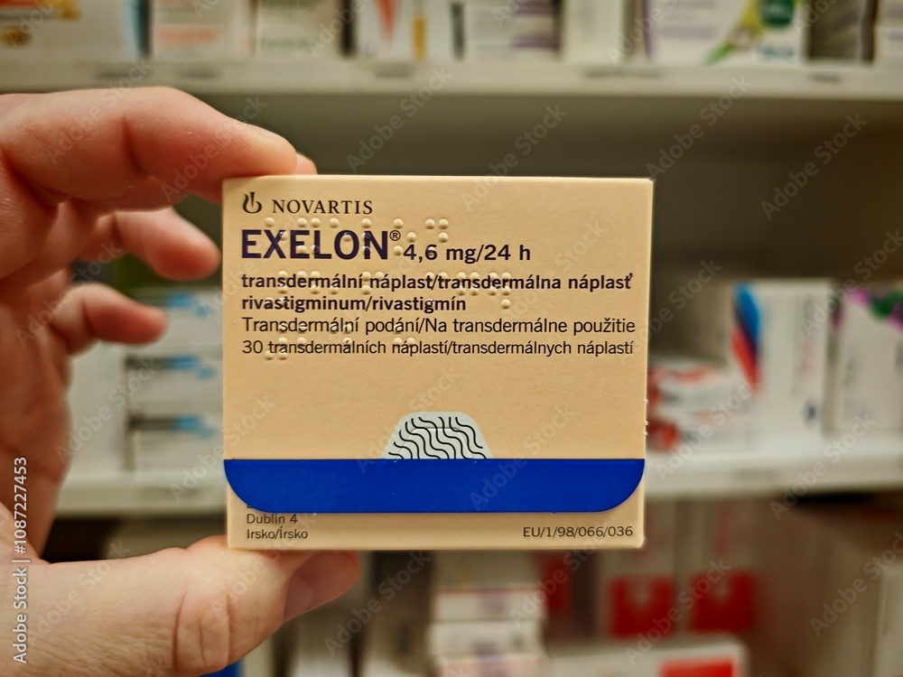 Prague, Czech Republic-NOVEMBER 18 2024: EXELON box of medication with RIVASTIGMINE active ...