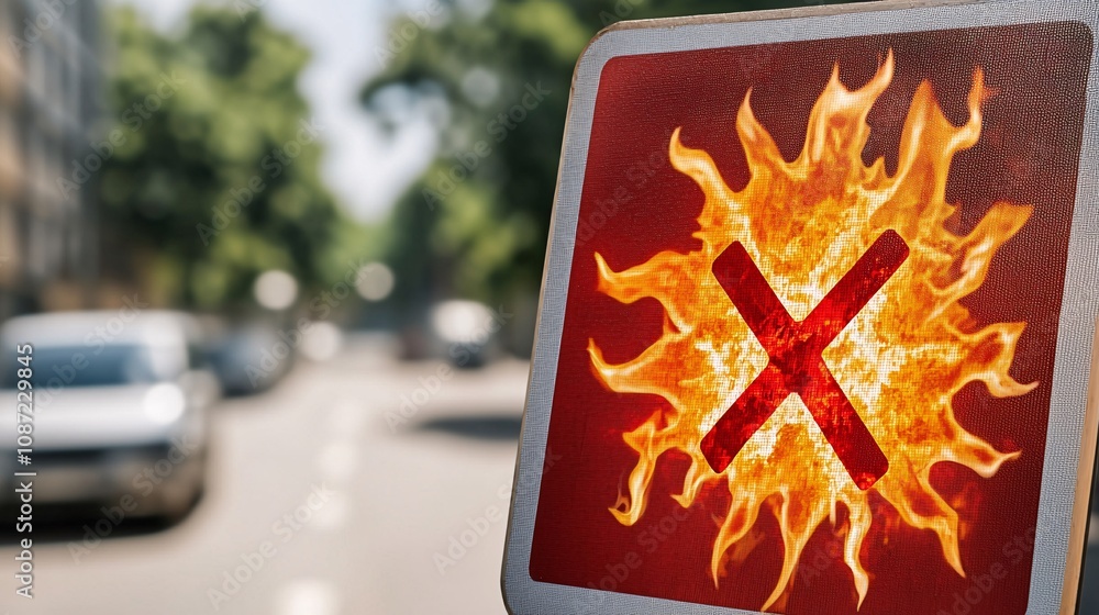 Global warning conceptual.A bright warning sign featuring a fiery sun ...