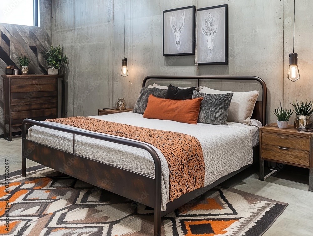modern industrial bedroom with concrete walls, metal bed frame, warm ...