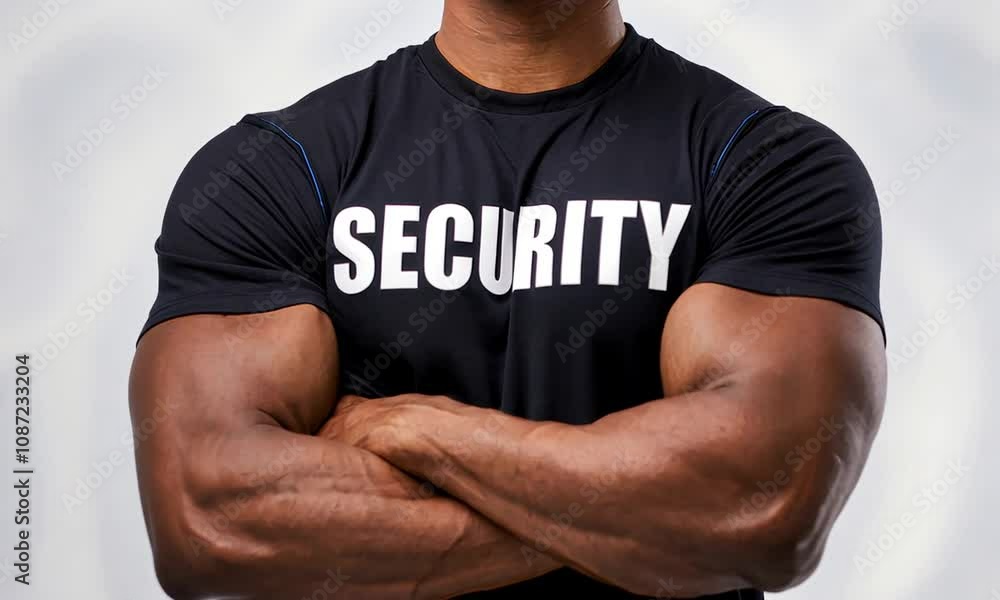 Man with crossed arms, T-shirt with inscription security. Portrait of ...