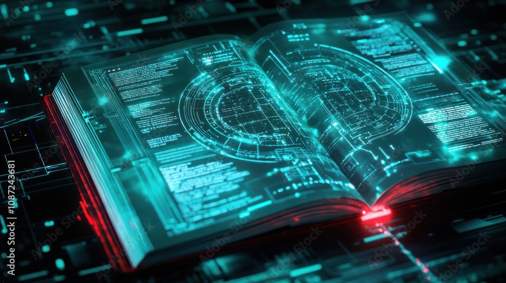 An open digital book displaying futuristic data and schematics in a ...