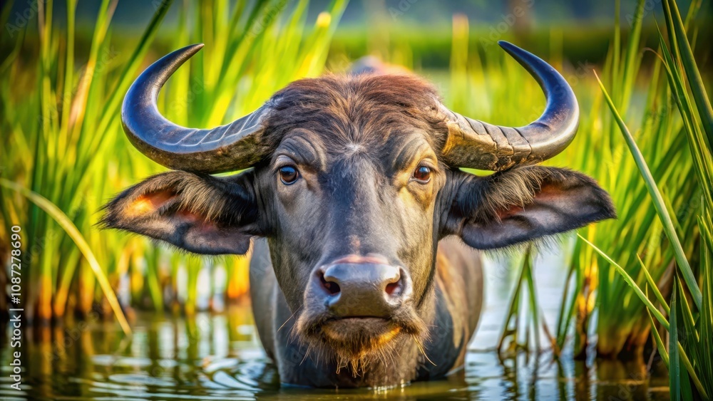 A water buffalo with large, curving horns emerges from the water, its ...