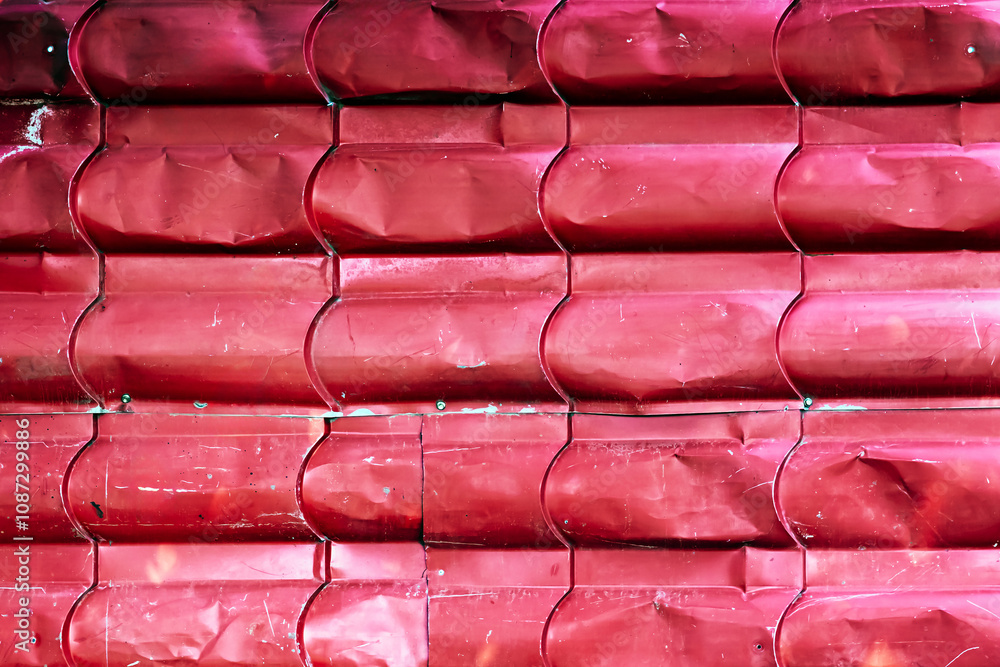 Artistic of old red metal tile fence background. Fence from corrugated ...