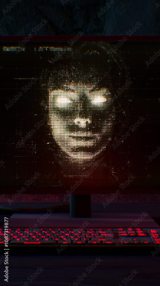 A computer generated female face with glowing eyes emerges within a ...