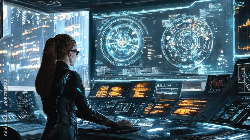 Cyberpunk Control Room: Futuristic female operator monitoring complex ...