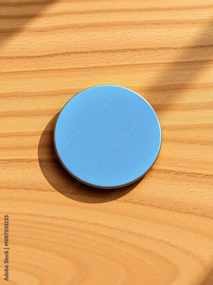 Circular pin badge mockup on wooden desk with realistic shadows and ...