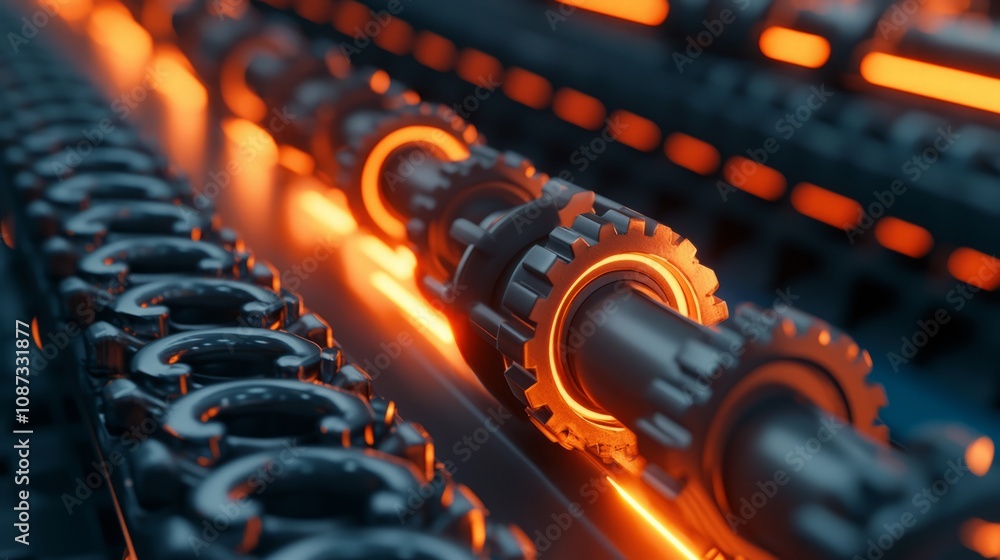 Conveyor assembly chain. A close-up view of intricate gears and chains ...