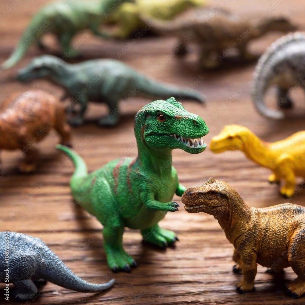 Macro photo of toy dinosaur set, with the face of a tiny T-rex in sharp ...