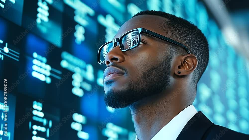 A confident Black cybersecurity analyst examines intricate data flows ...