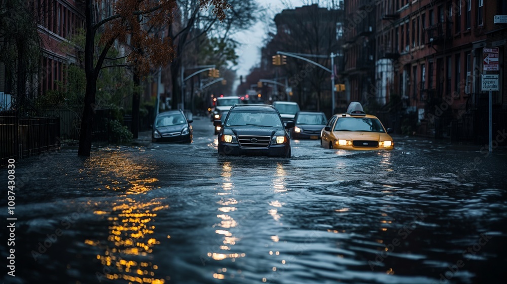 Fényképezés Urban flooding after heavy rainfall with cars navigating ...