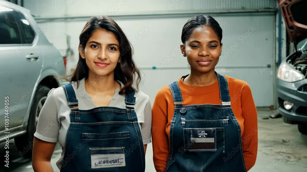 Female car repair team in their workshop. The female car repair team is ...
