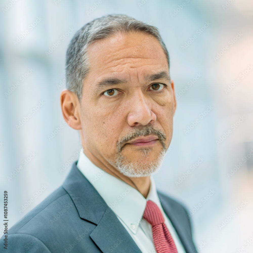 A serious-looking man with gray hair and a beard, dressed in a suit ...
