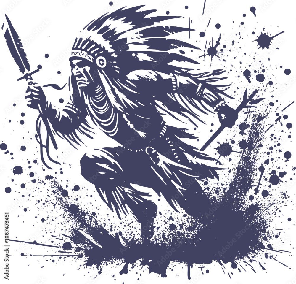 Dynamic Silhouette of a Native American Warrior in a Traditional ...